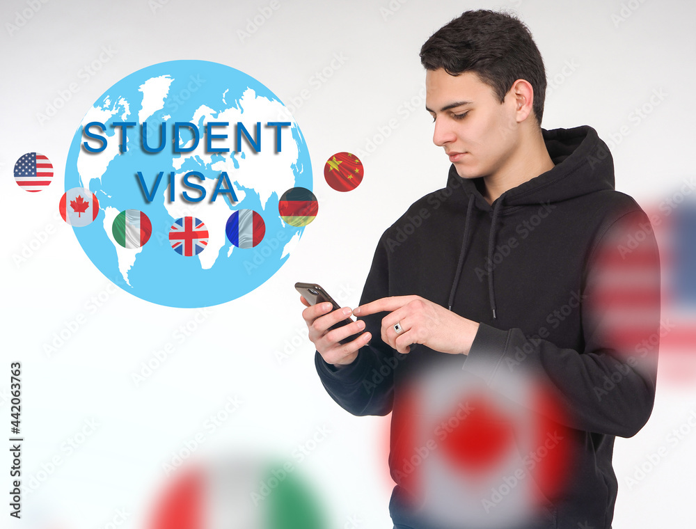Student visa. Concept - he has electronic student visa on his phone ...