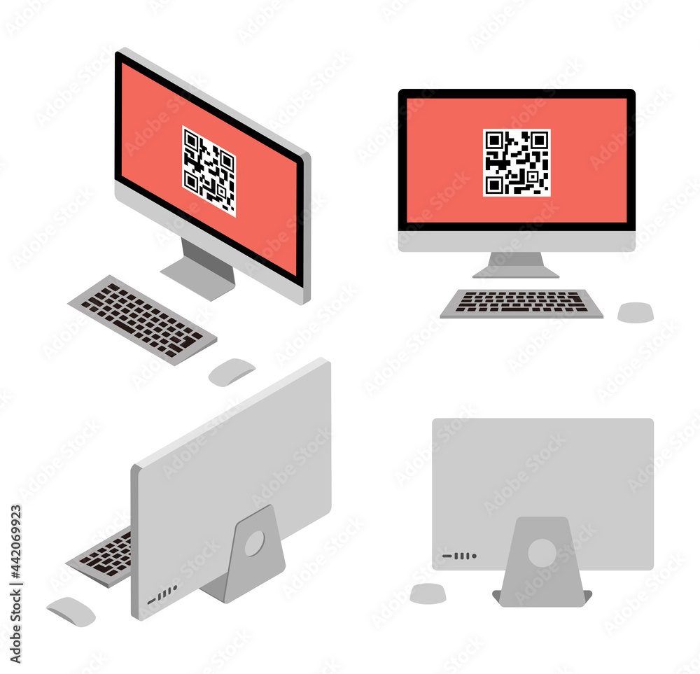 Four angles 3d desktop computers set - qr code icon screen Stock Vector ...
