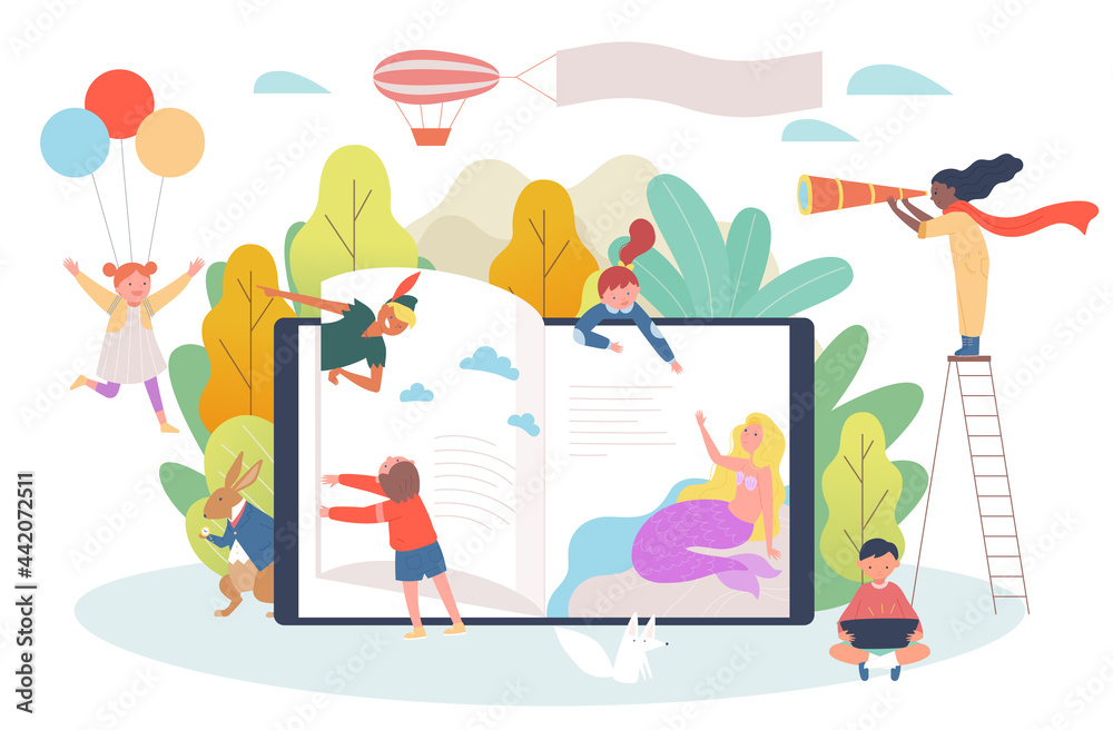 Digital book concept. Children flip through the bookshelves of huge ...