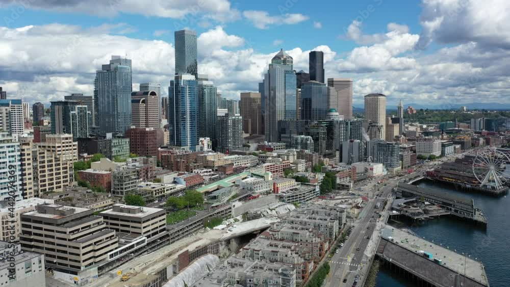 Cinematic 4K aerial dolly out drone footage of Belltown, Alaskan Way ... Cinematic 4K aerial dolly out drone footage of Belltown, Alaskan Way ...