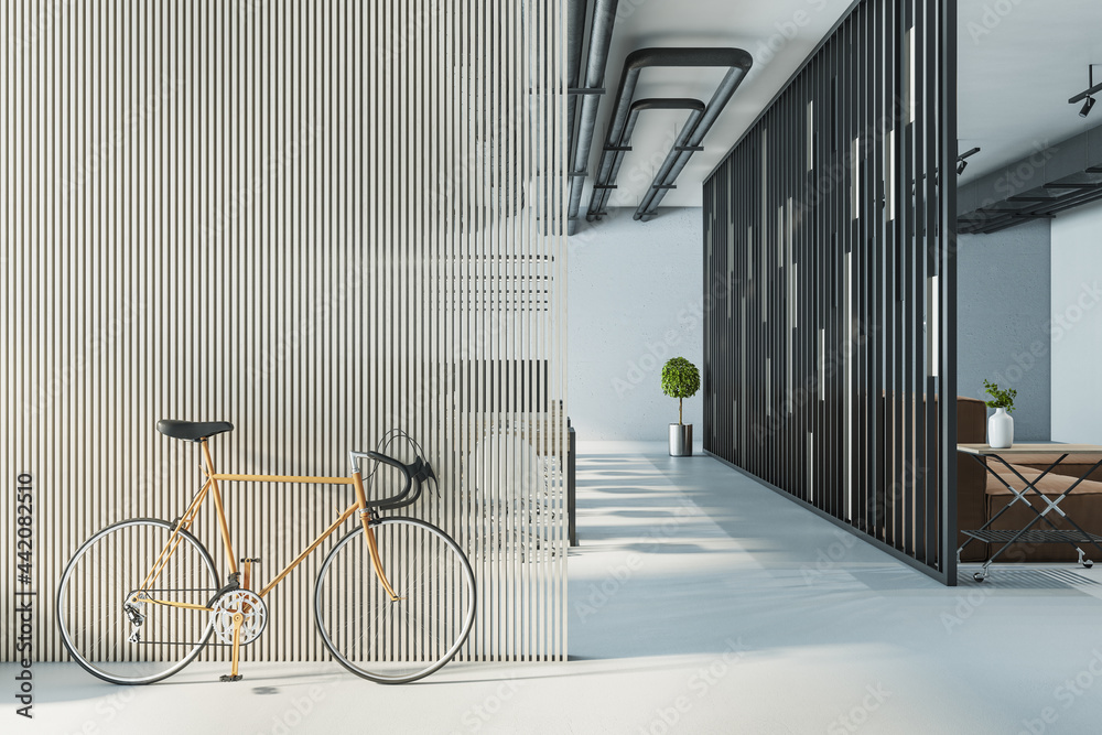 Contemporary hipster office interior with bike, mockup place on ...