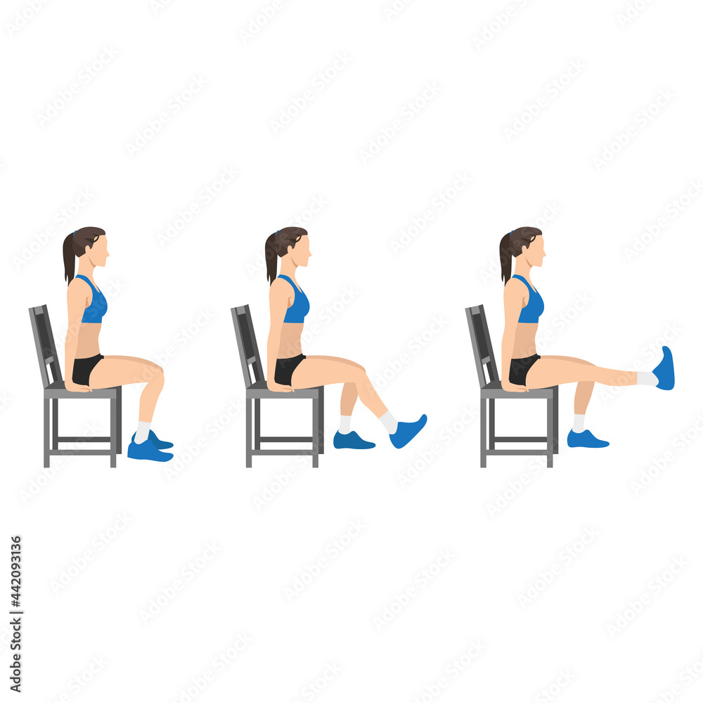 Woman doing leg extensions on chair at home exercise. Flat vector ...