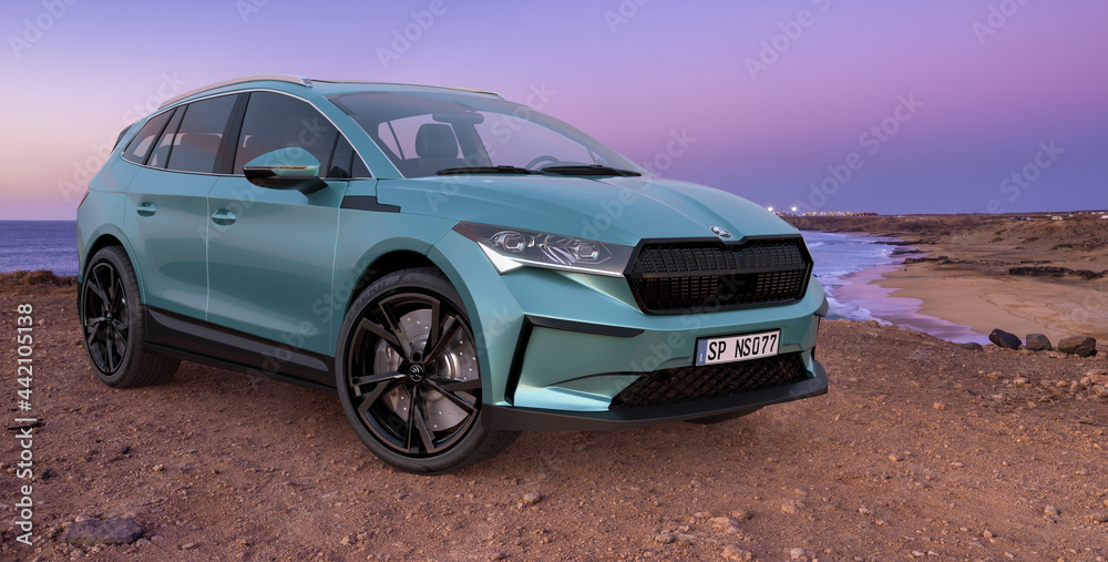 all-electric Skoda Enyaq SUV set against a backdrop of modern ...