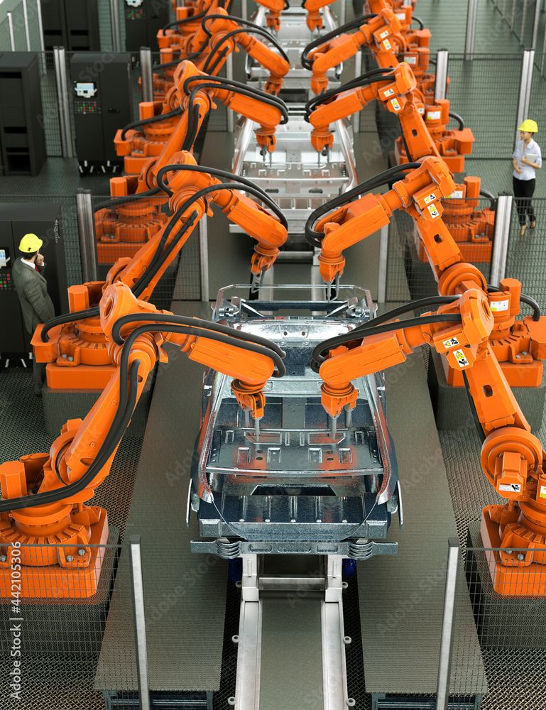 Modern car production line with robotic arms welding components 3d ...