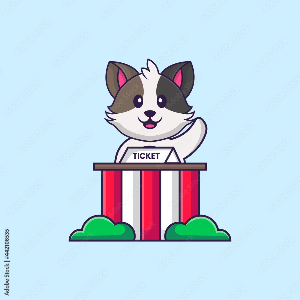 Cute cat is being a ticket keeper. Animal cartoon concept isolated. Can ...