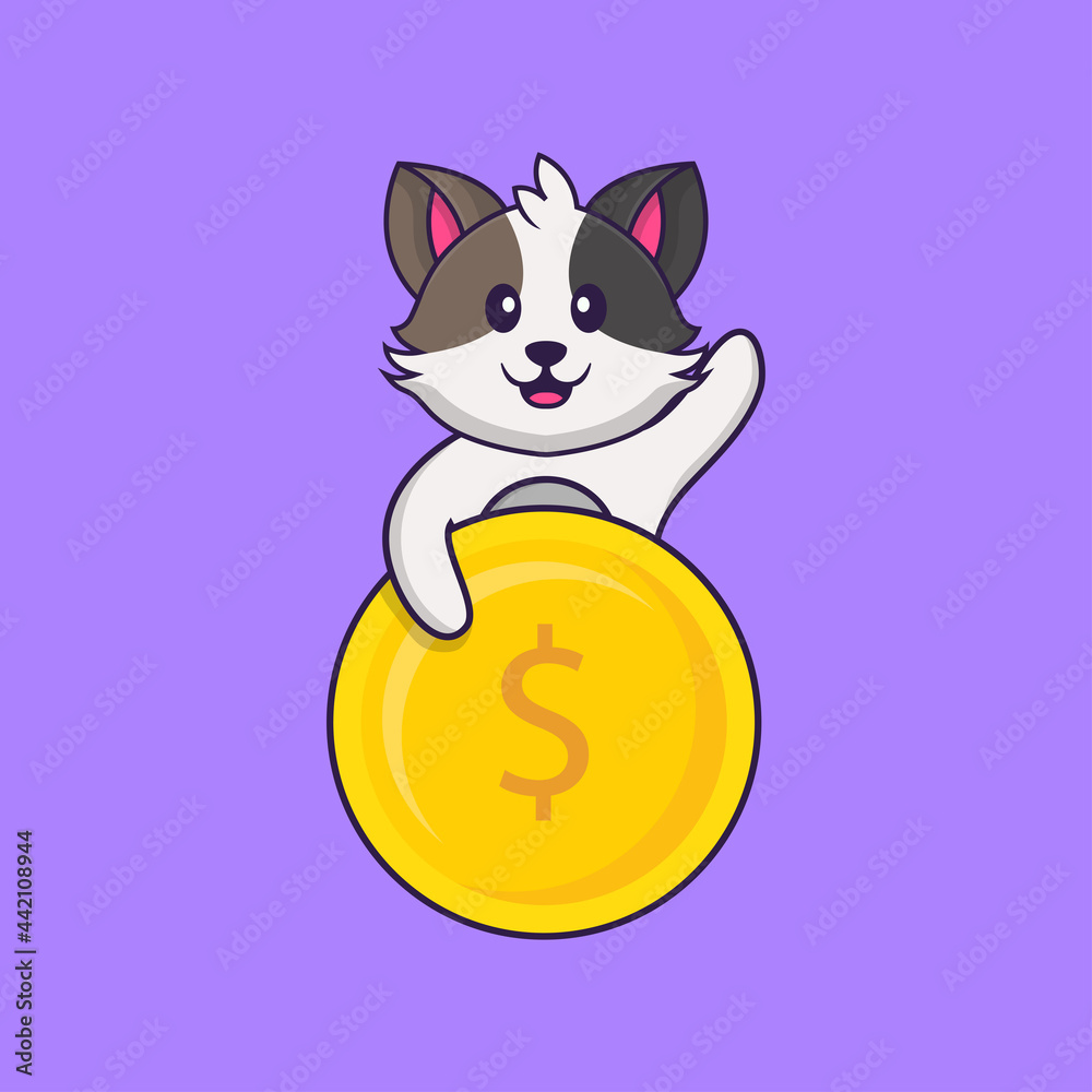 Cute cat holding coin. Animal cartoon concept isolated. Can used for t ...
