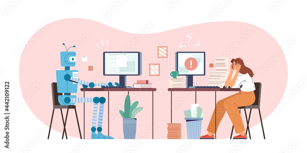 Robot vs human flat vector illustration. Robotic machine and tired ...