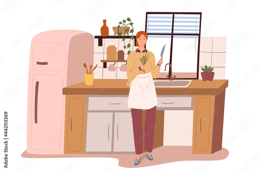 Modern comfortable interior of kitchen web concept. Woman cooking in ...