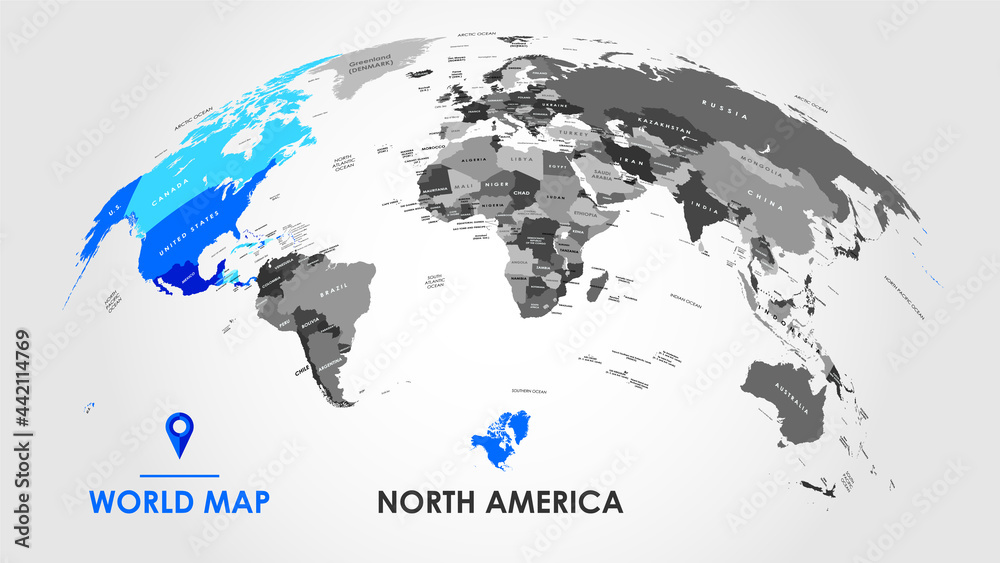 Detailed global world map, with borders and names of countries, seas ...