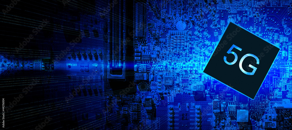 5g wireless. Digital computer motherboard with 5g mobile phone chip on ...