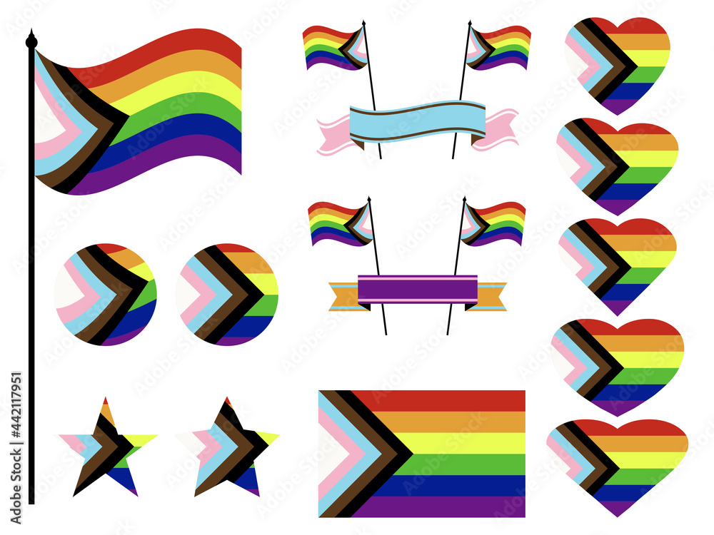 Progress pride flag collection of symbols. Hearts, stars and circles ...