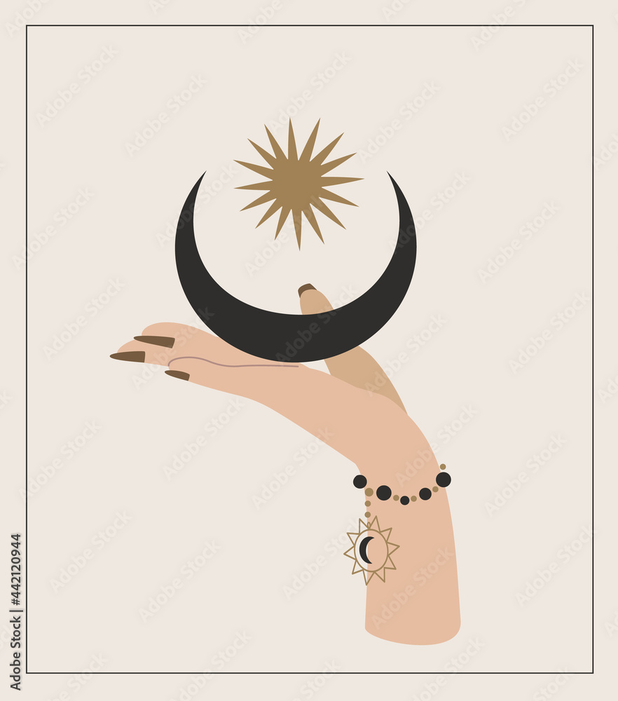 Female Hand holding Mysterious magic Sun and Crescent Talisman.Wicca ...