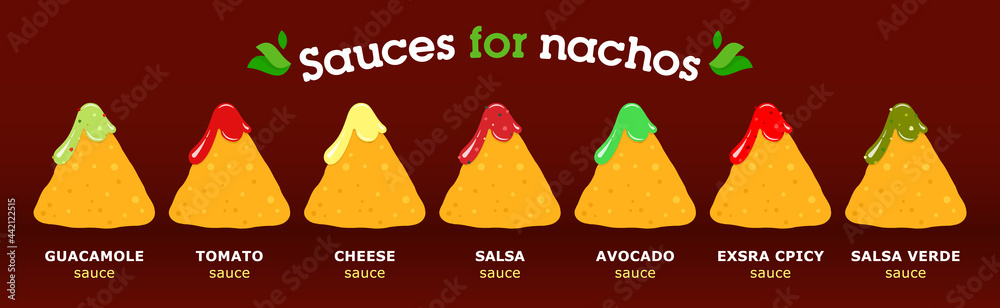 Set of nachos with different sauces, flavors on a red background ...