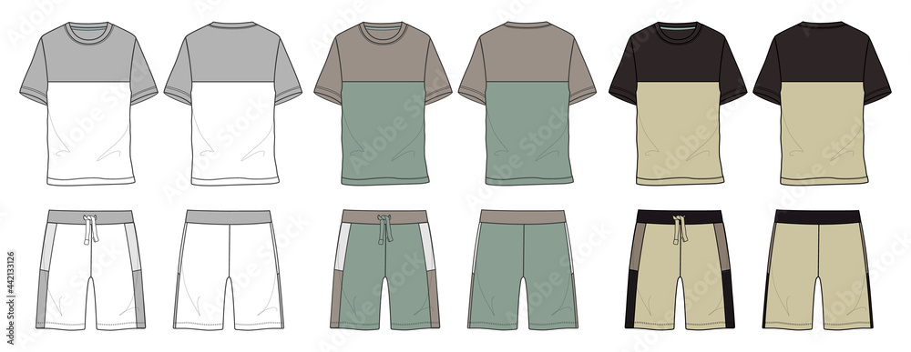 Basic Set T Shirt and shorts With cut & sew technical fashion sketch ...