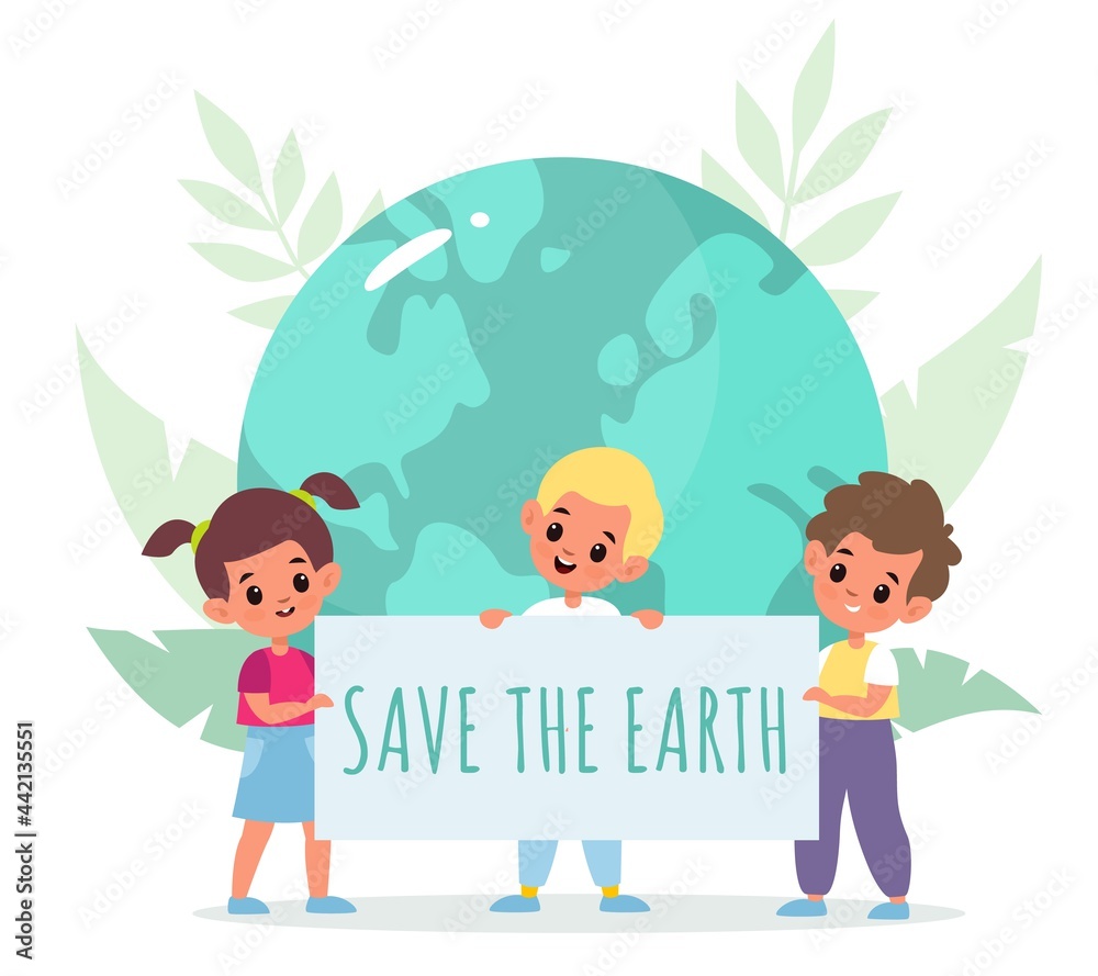 Save planet. Cartoon kids holding placard. Boys and girls take care of ...