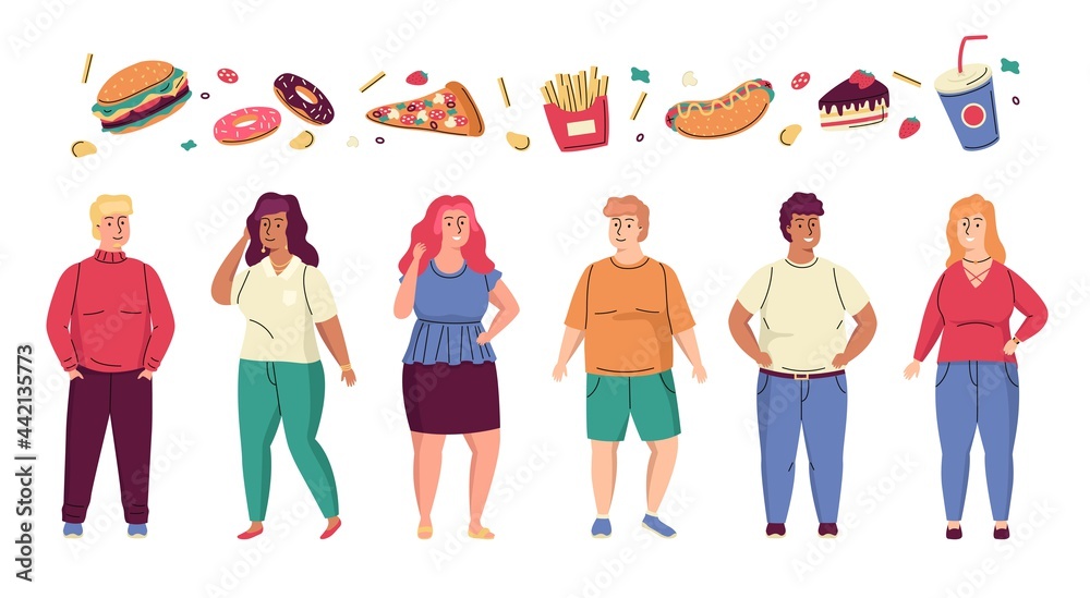 Fat people. Cartoon overweight men or women. Fast food and fatty ...