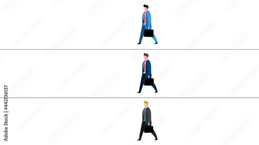 Three cartoon businessmen characters long walk. Walking, stopping and ...