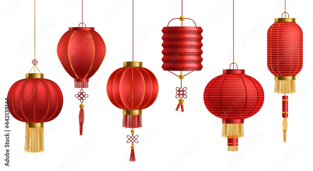 Lanterns chinese. Asian new year japanese red lamps with golden decor ...