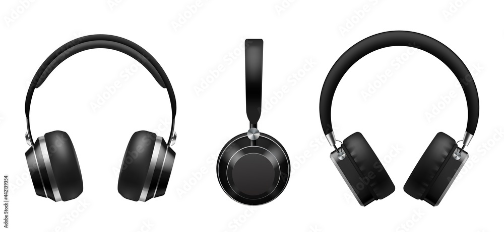 Earphones music. Black headphone front side and back view. Audio gadget ...