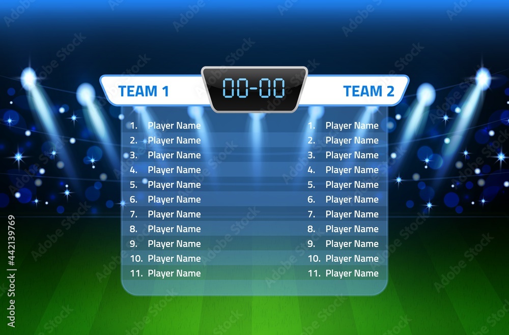 Football stadium. Digital game screen with player lists, soccer field ...