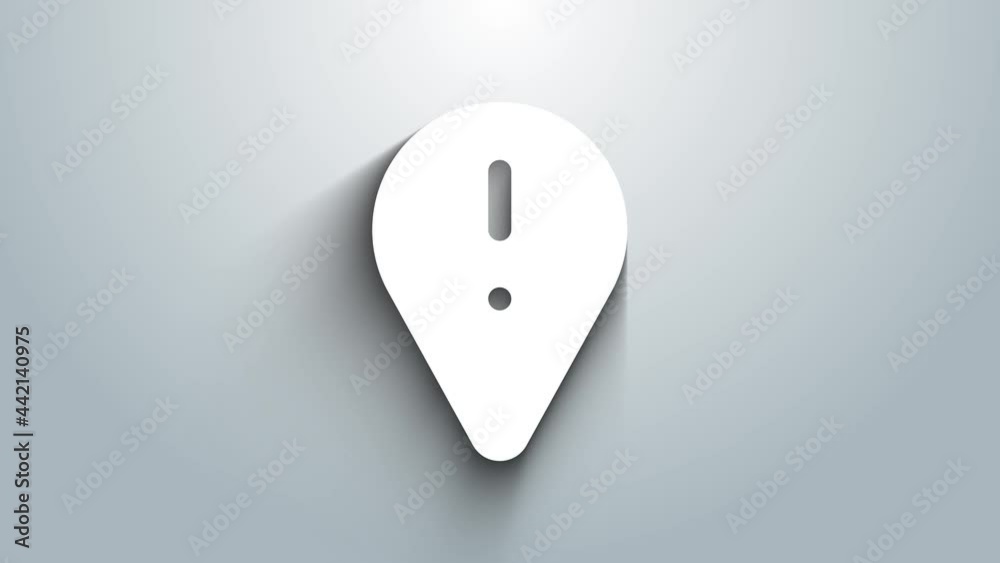White Map pointer with exclamation mark icon isolated on grey ...