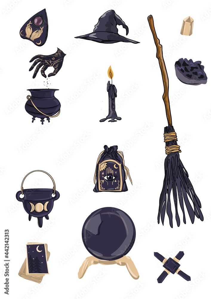 Halloween set of hand drawn magical occult elements in graphic style ...