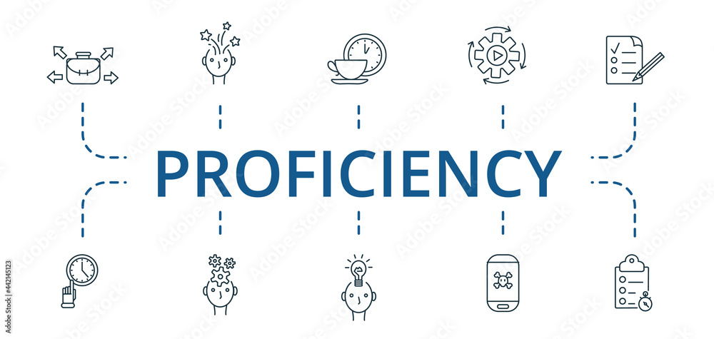 Proficiency icon set. Contains editable icons theme such as creativity ...