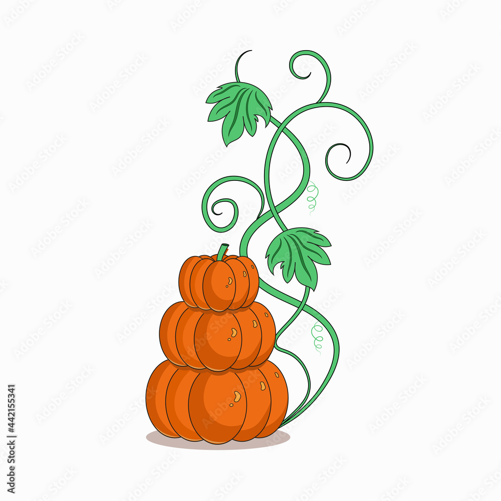 Three pumpkins placed on top of each other, a pumpkin vine with leaves ...