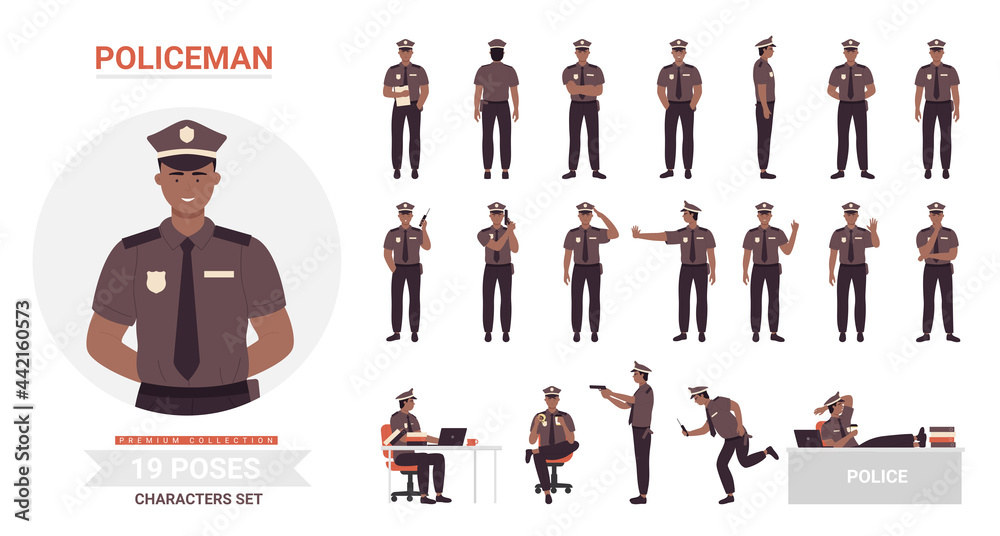 African american black Policeman poses vector illustration set. Cartoon ...