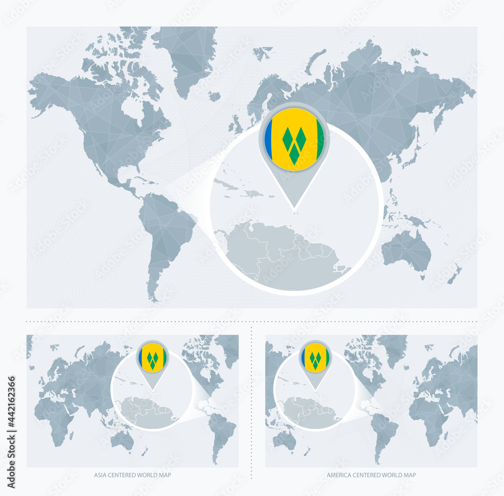 Magnified Saint Vincent and the Grenadines over Map of the World, 3 ...
