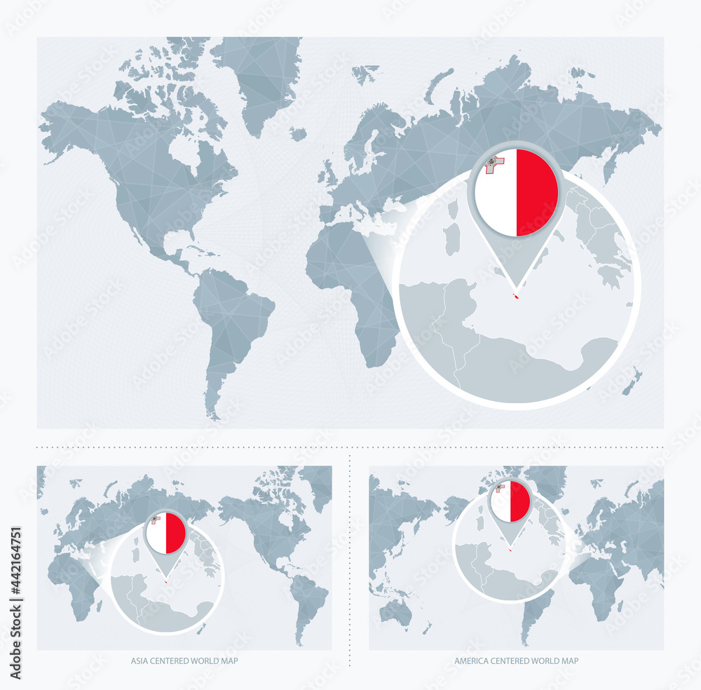 Magnified Malta over Map of the World, 3 versions of the World Map with ...