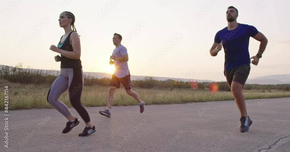 Multiethnic group of athletes running together on a panoramic ...