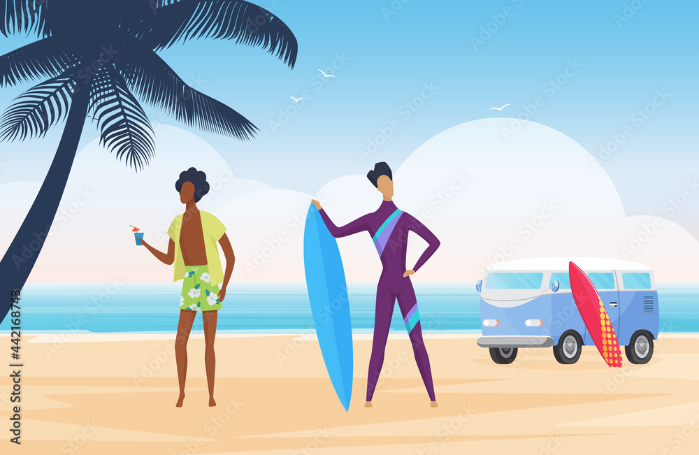 Surfer people surf on tropical summer beach landscape vector ...