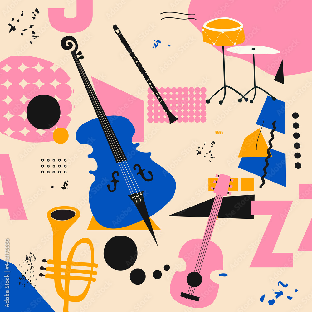 Music promotional poster with musical instruments colorful vector ...