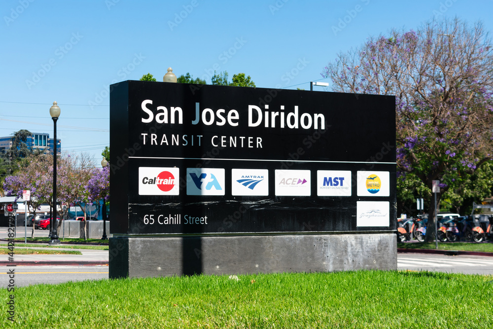 San Jose Diridon Transit Center sign with logos and names of transit ...