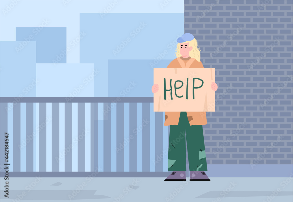 Vector banner with poor homeless woman living at city streets needy in ...