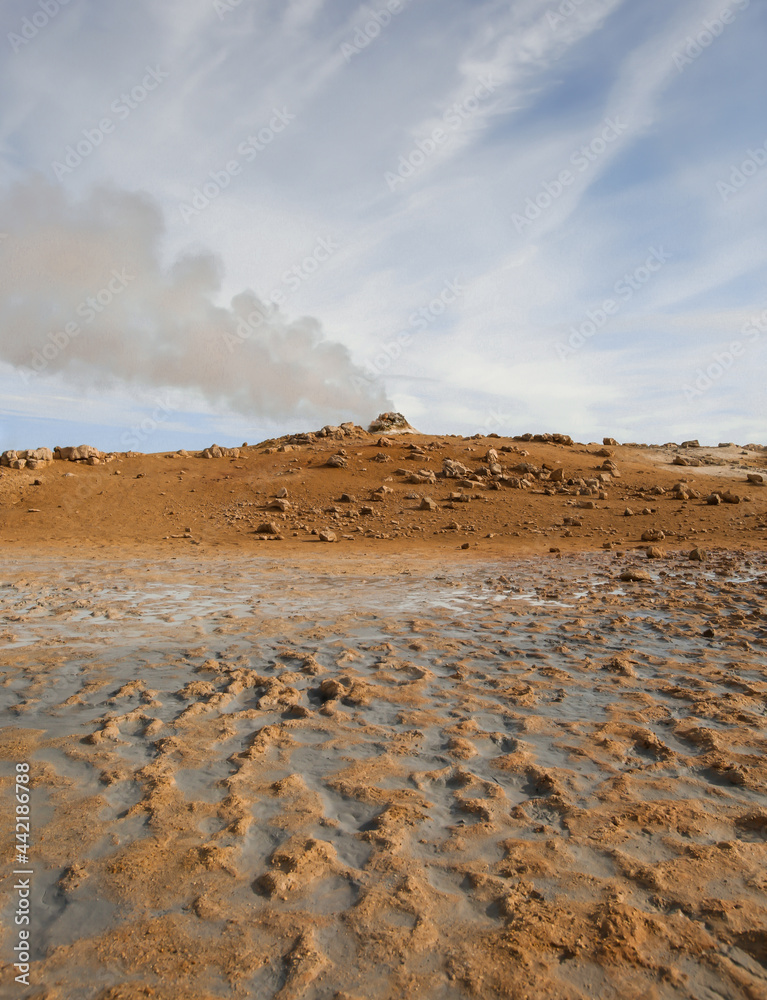 Volcán de azufre en un paisaje lunar. Hverir, Iceland Stock Photo ...