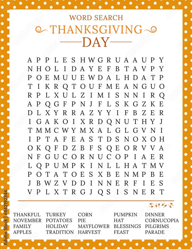 Thanksgiving Day word search puzzle. Logic game for learning English ...