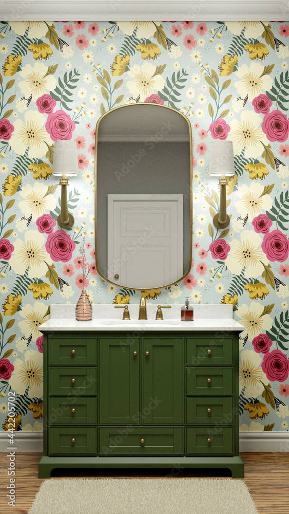 3d powder room render with sink mirror and flower wallpaper Stock ...