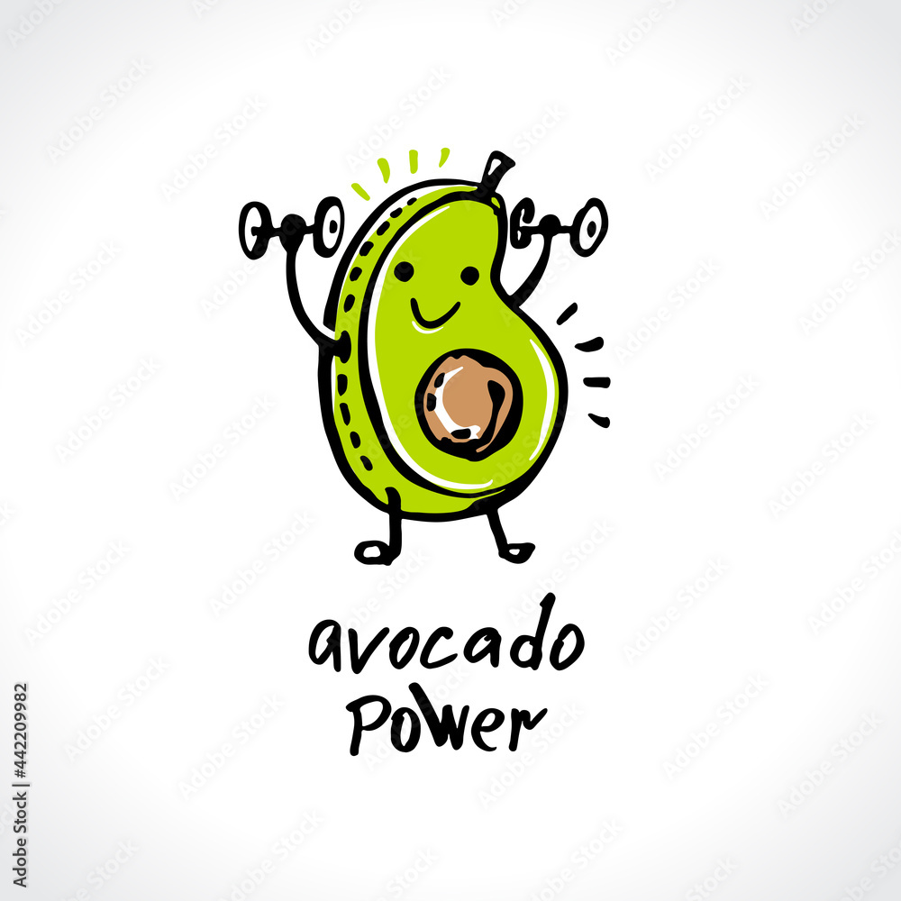 Avocado power. Cartoon funny illustration for a healthy lifestyle ...