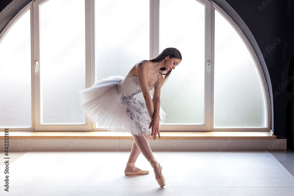 Focused young ballerina dressed in white tutu costume practice ballet ...