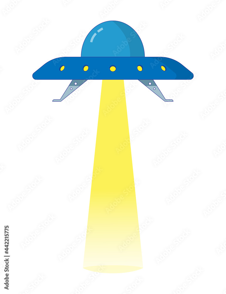 UFO flying saucer with glass dome and spotlight beam. Colored isolated ...