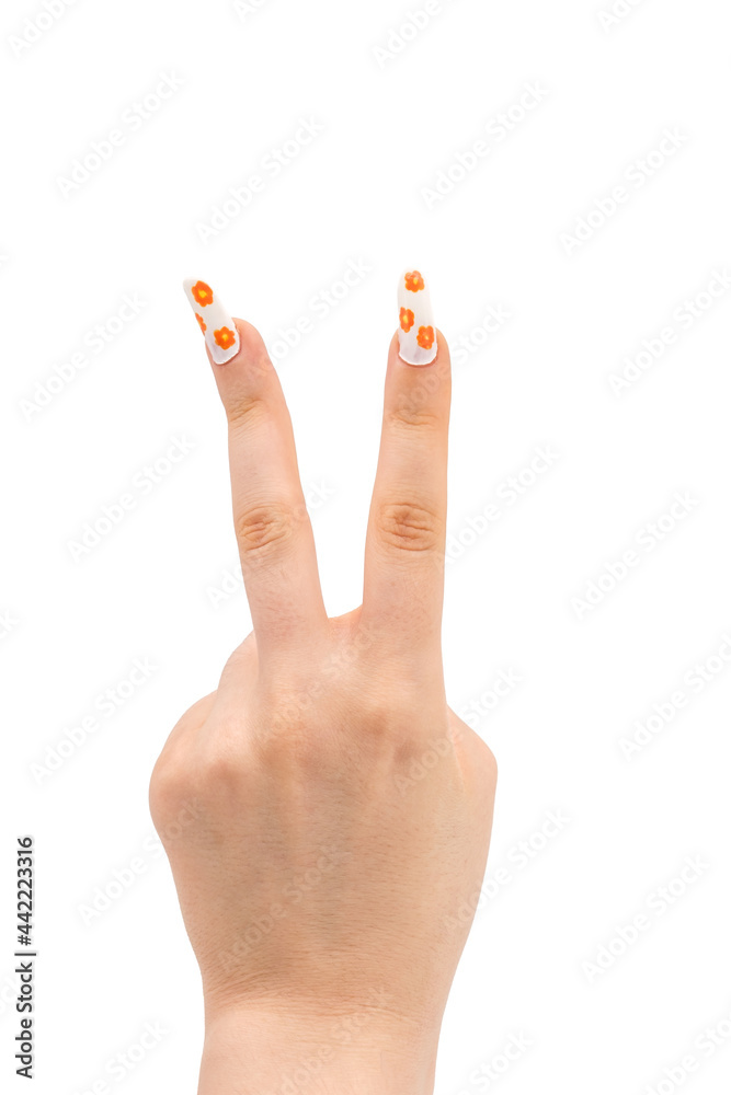 Young Woman hand is show two fingers up isolated on white background ...