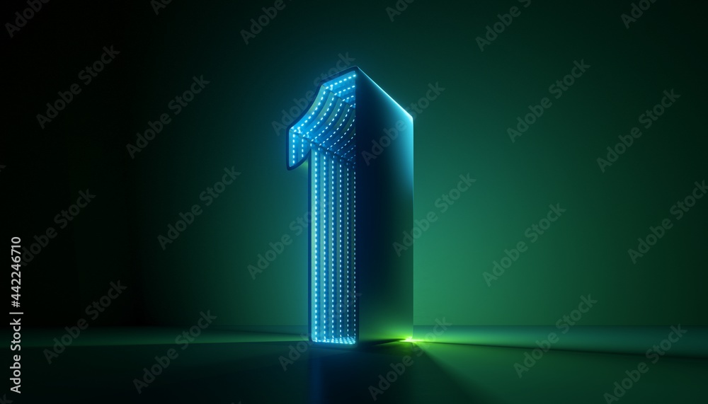 3d render, number one, green blue glowing neon light Stock Illustration ...