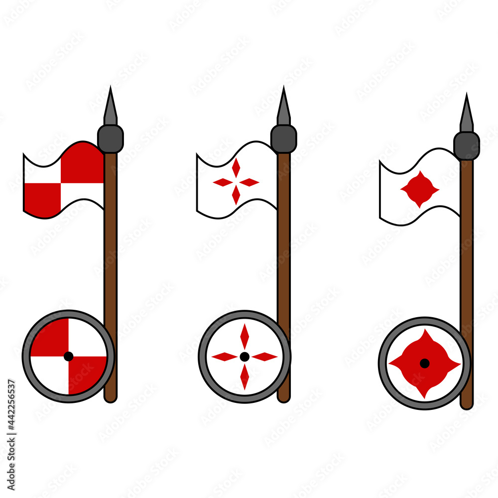 emblemas distintos sobre un escudo y su bandera Stock Vector | Adobe Stock