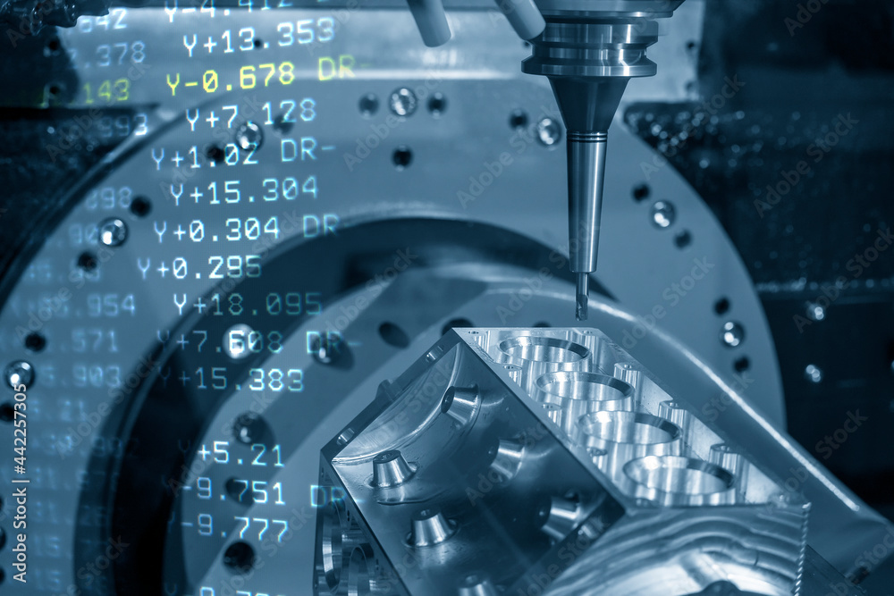 The abstract scene 5-axis machining center cutting the v8-engine ...