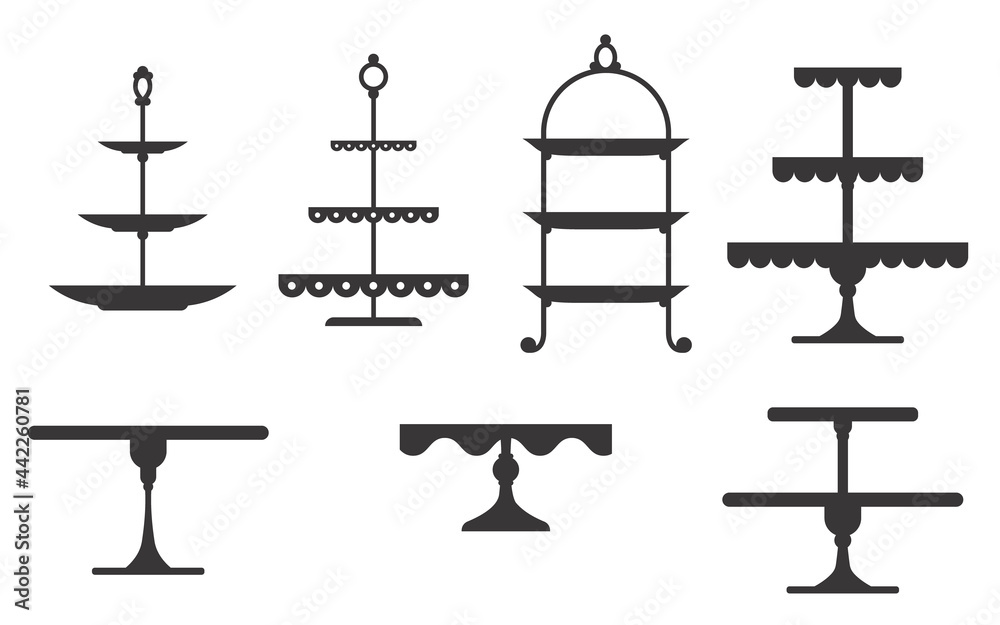 Set of cake stands in flat icon style. Empty trays for fruit and ...