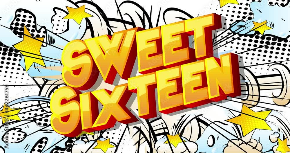 4k animated Sweet Sixteen text on comic book background with changing ...