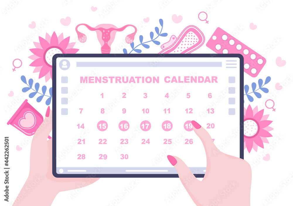Menstruation Period Calendar Women To Check Date Cycle. Illustration of ...