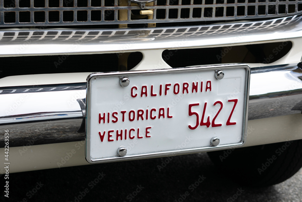 California Historical Vehicle license plate on chrome bumper of a ...